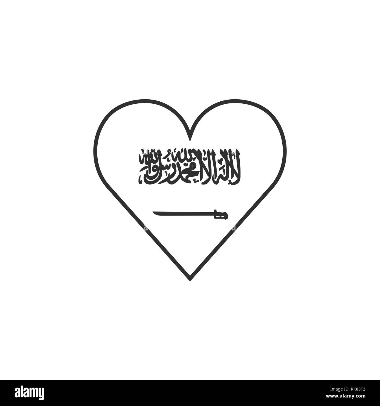 Saudi Arabia flag icon in a heart shape in black outline flat design ...