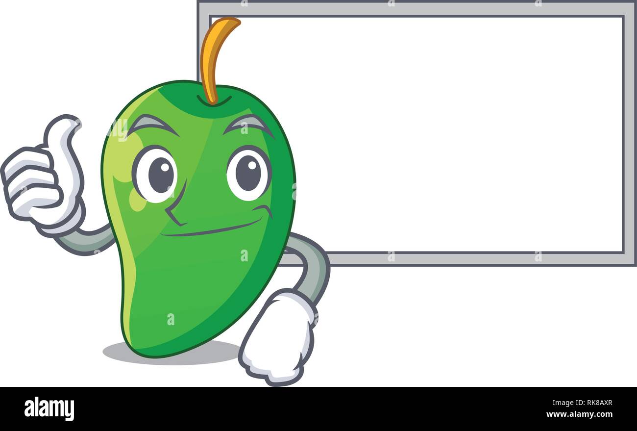 Thumbs up with board green mango in basket of cartoons Stock Vector ...