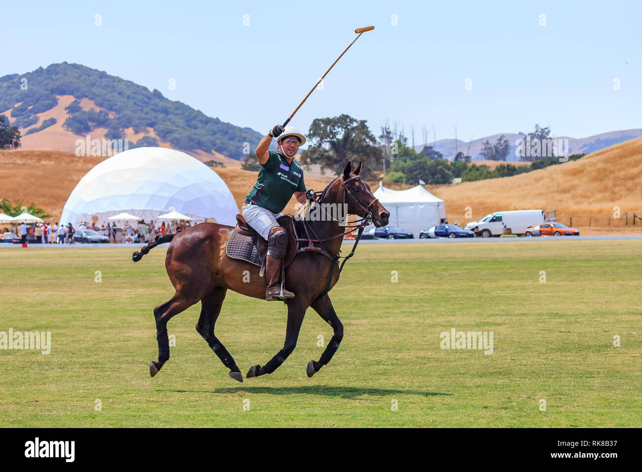 Polo player riding on horseback greeting spectators with a raised ...