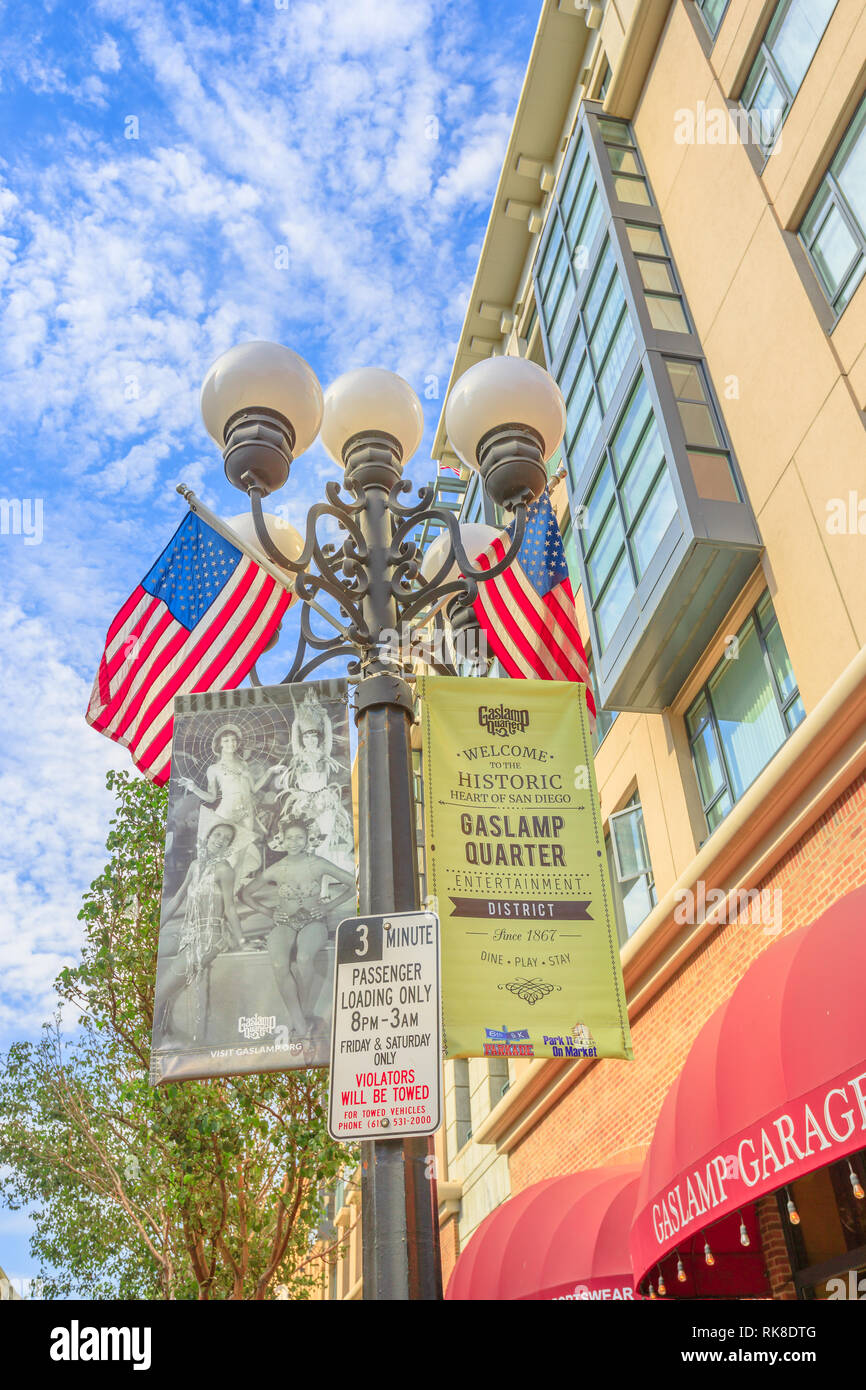 San Diego, California, United States - July 31, 2018: typical gas lamp ...