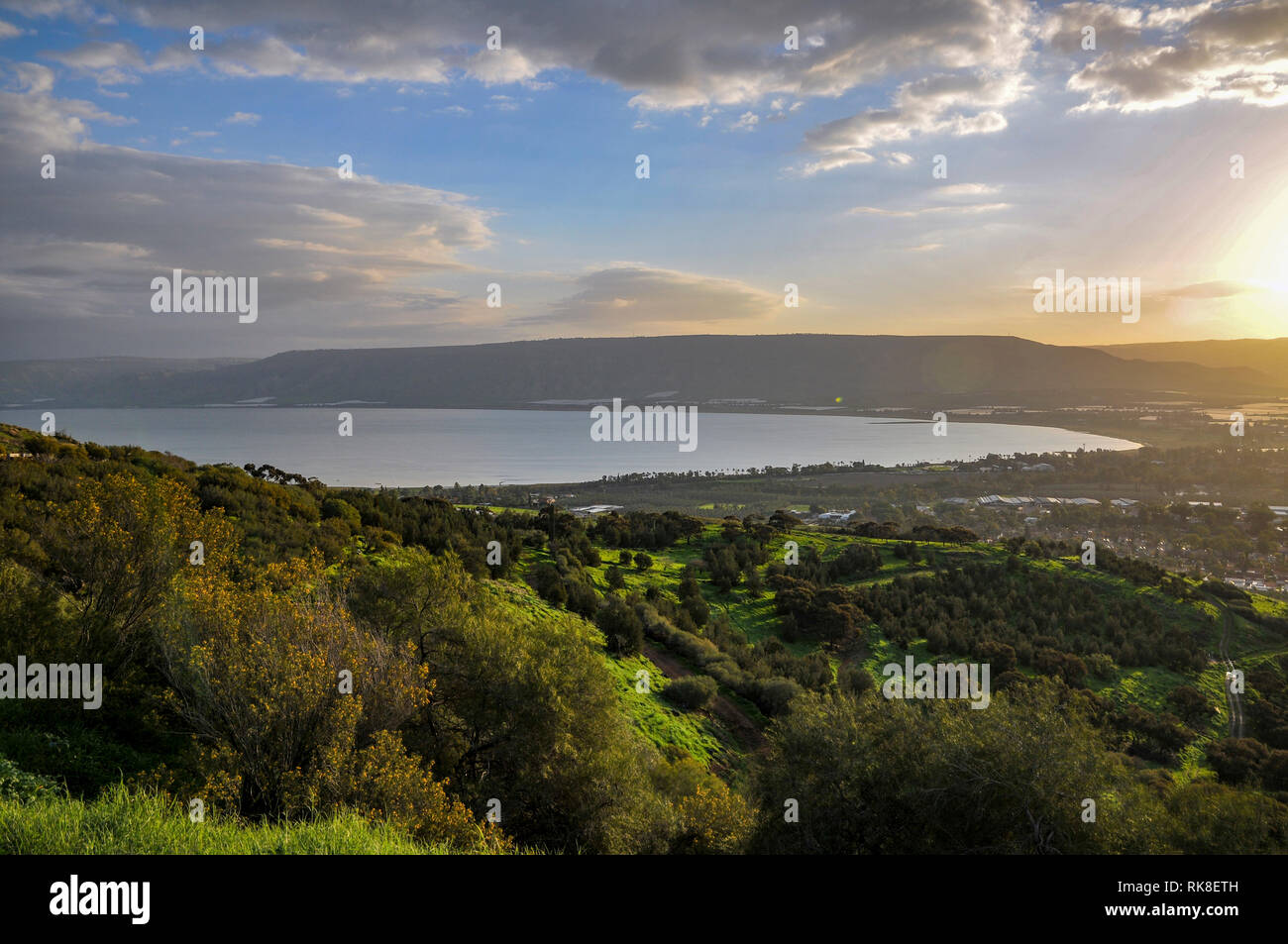 Israel, Lower Galilee, view of the Sea of Galilee from west. Golan ...