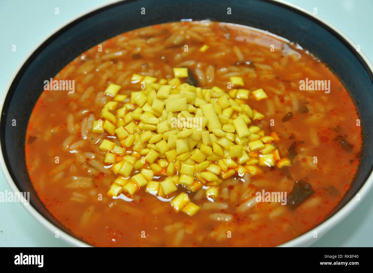 Tomato soup with Soup Almonds AKA soup mandel an Israeli food product ...