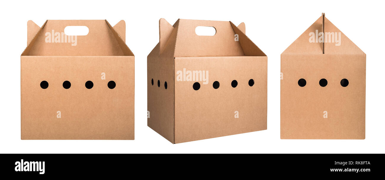 Collection of cardboard pet carrier boxes isolated on white background ...