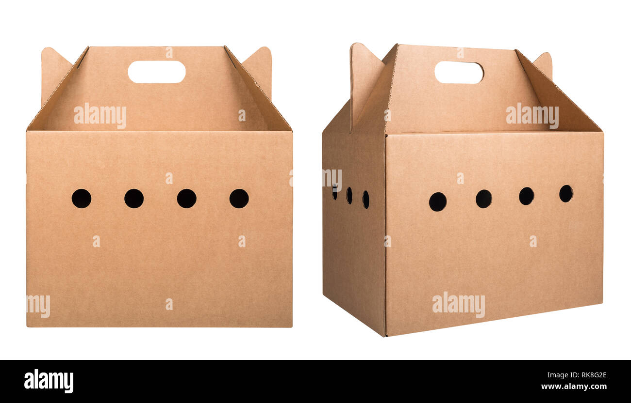 Set of two cardboard pet carrier boxes isolated on white background ...