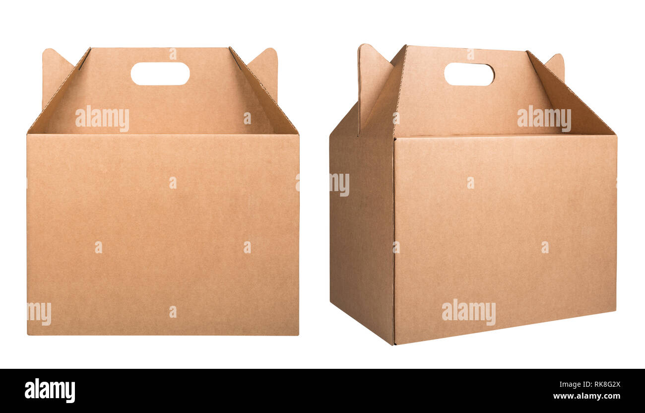 Set of two cardboard boxes isolated on white background. Set of brown ...