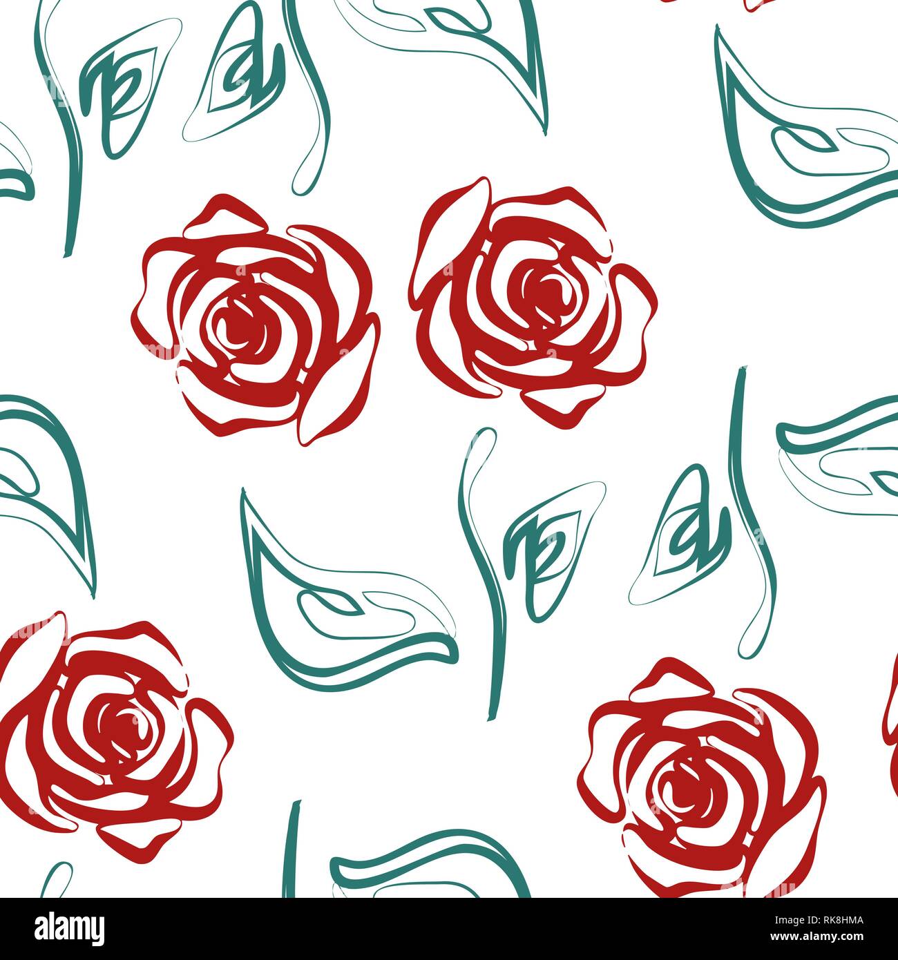 Beautiful red and white seamless pattern in roses with contours. Hand ...