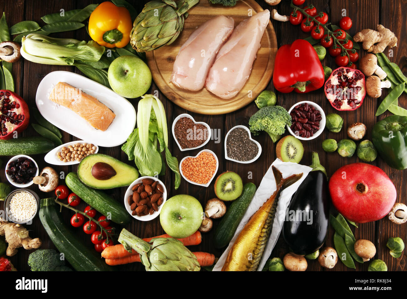 Healthy food clean eating selection. fruit, vegetable, seeds, superfood ...