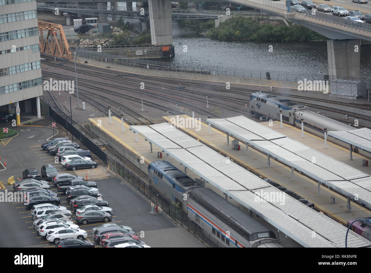 Amtrak and MBTA trains at the terminals of Boston's North Station as ...