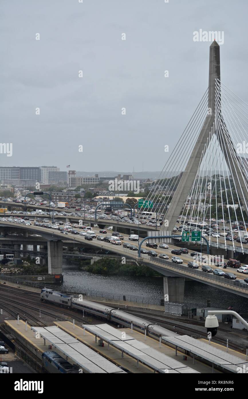 Boston's icon Leonard P. Zakim Bunker Hill Memorial Bridge spanning the ...