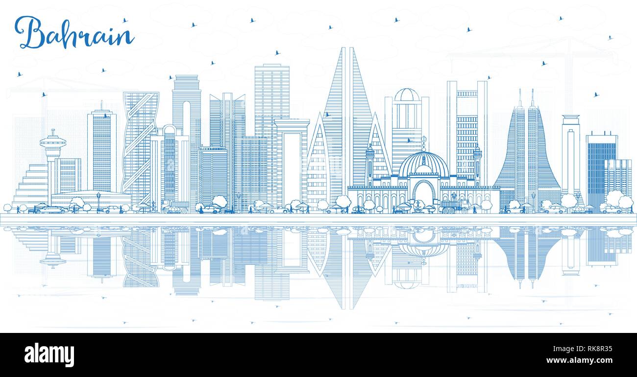 Outline Bahrain City Skyline with Blue Buildings and Reflections ...