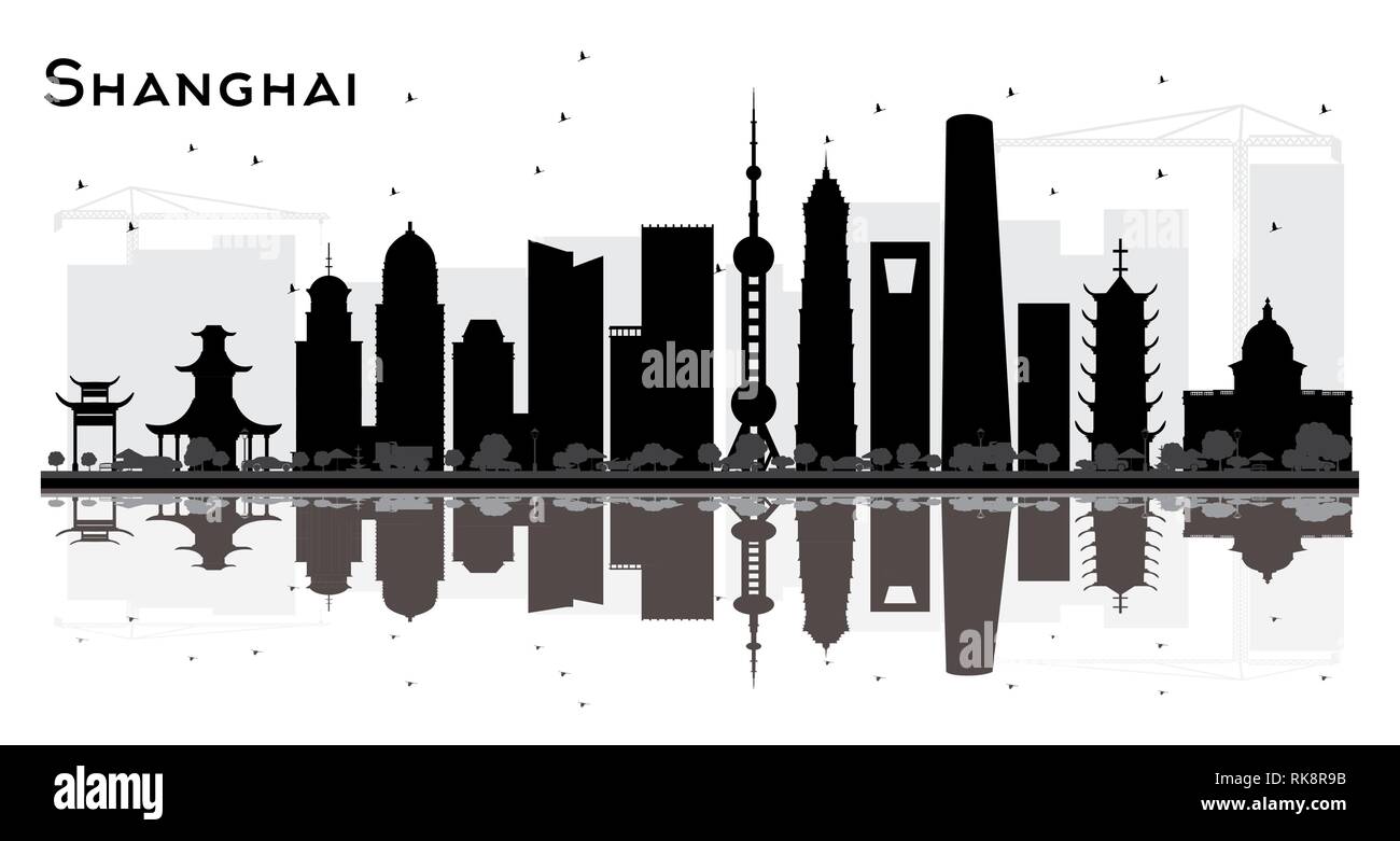 Shanghai China City Skyline Silhouette with Black Buildings and ...