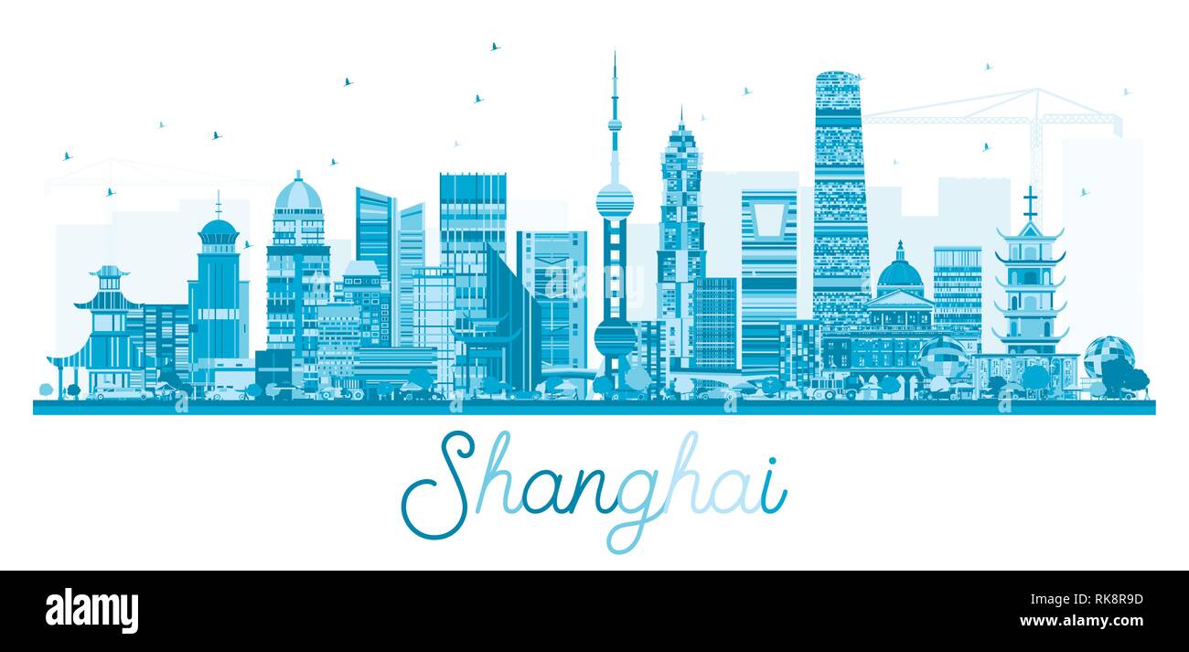 Shanghai China City Skyline with Blue Buildings Isolated on White ...