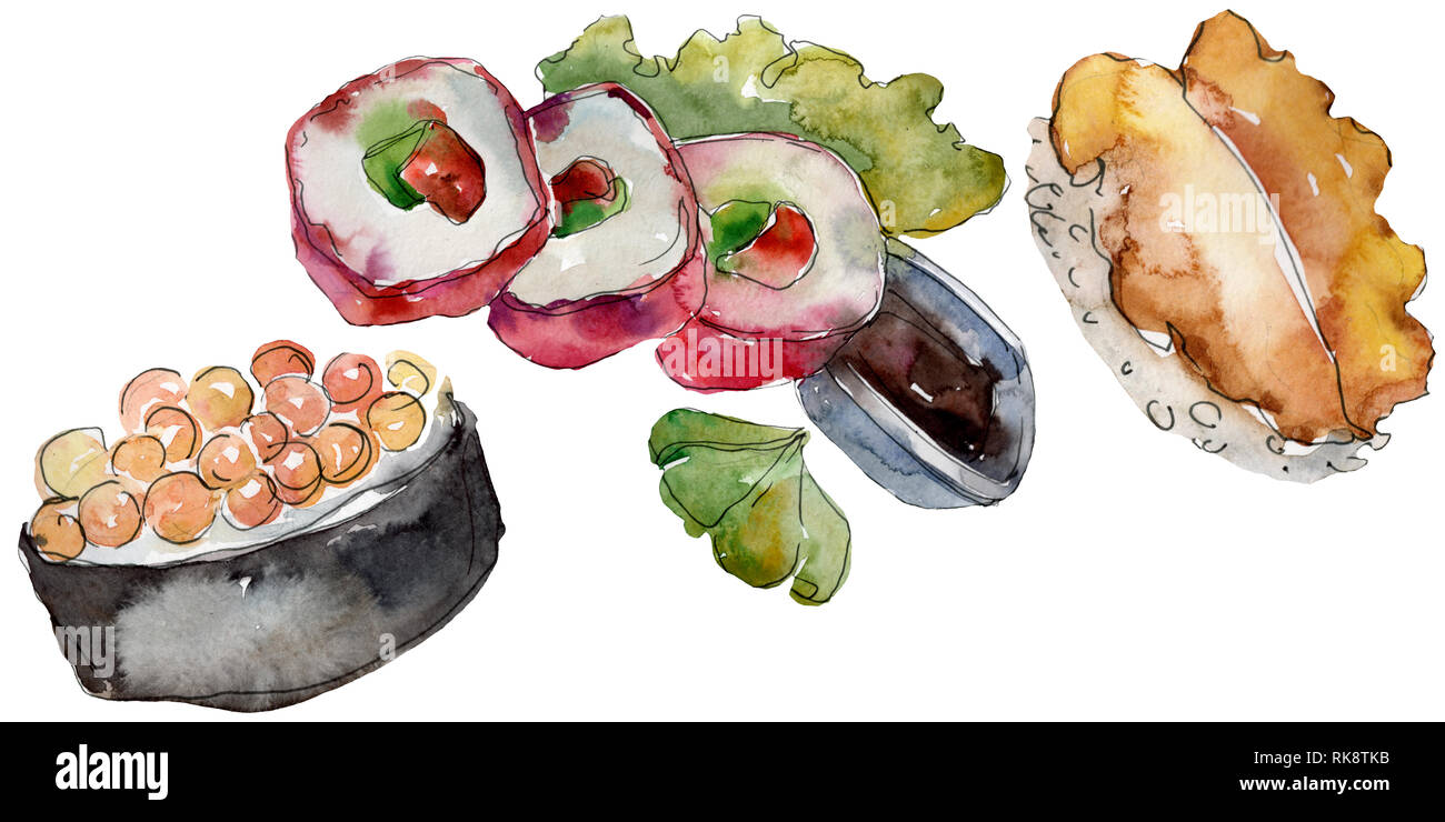 Watercolor sushi set of beautiful tasty japanese food illustration ...