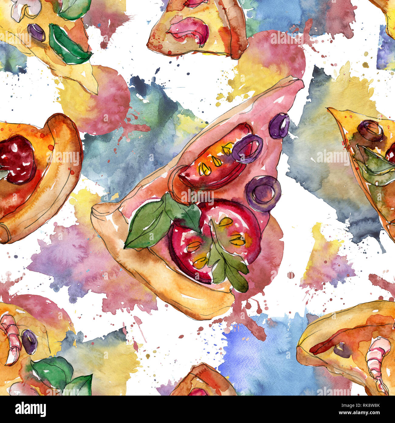 Fast food itallian pizza in a watercolor style isolated set ...