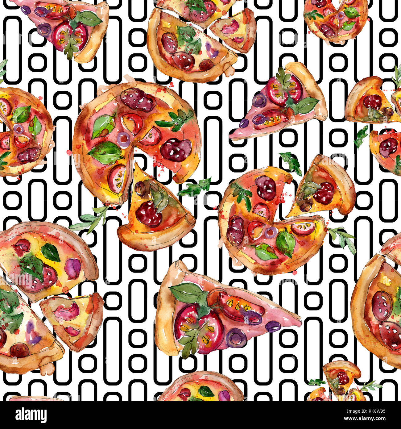 Fast food itallian pizza in a watercolor style isolated set ...