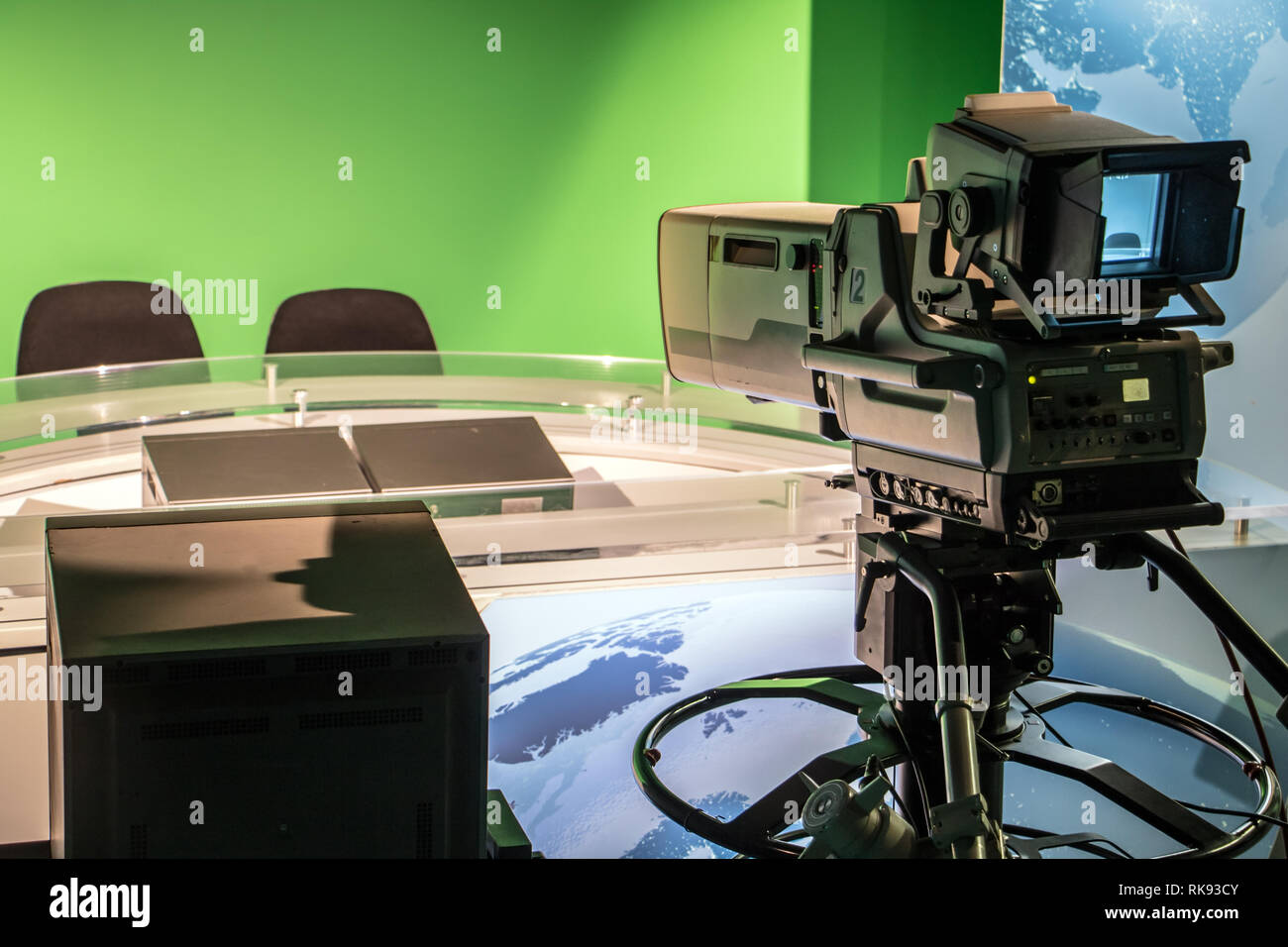 News Studio Set Cameras TV Studio With Professional Camera Aiming At