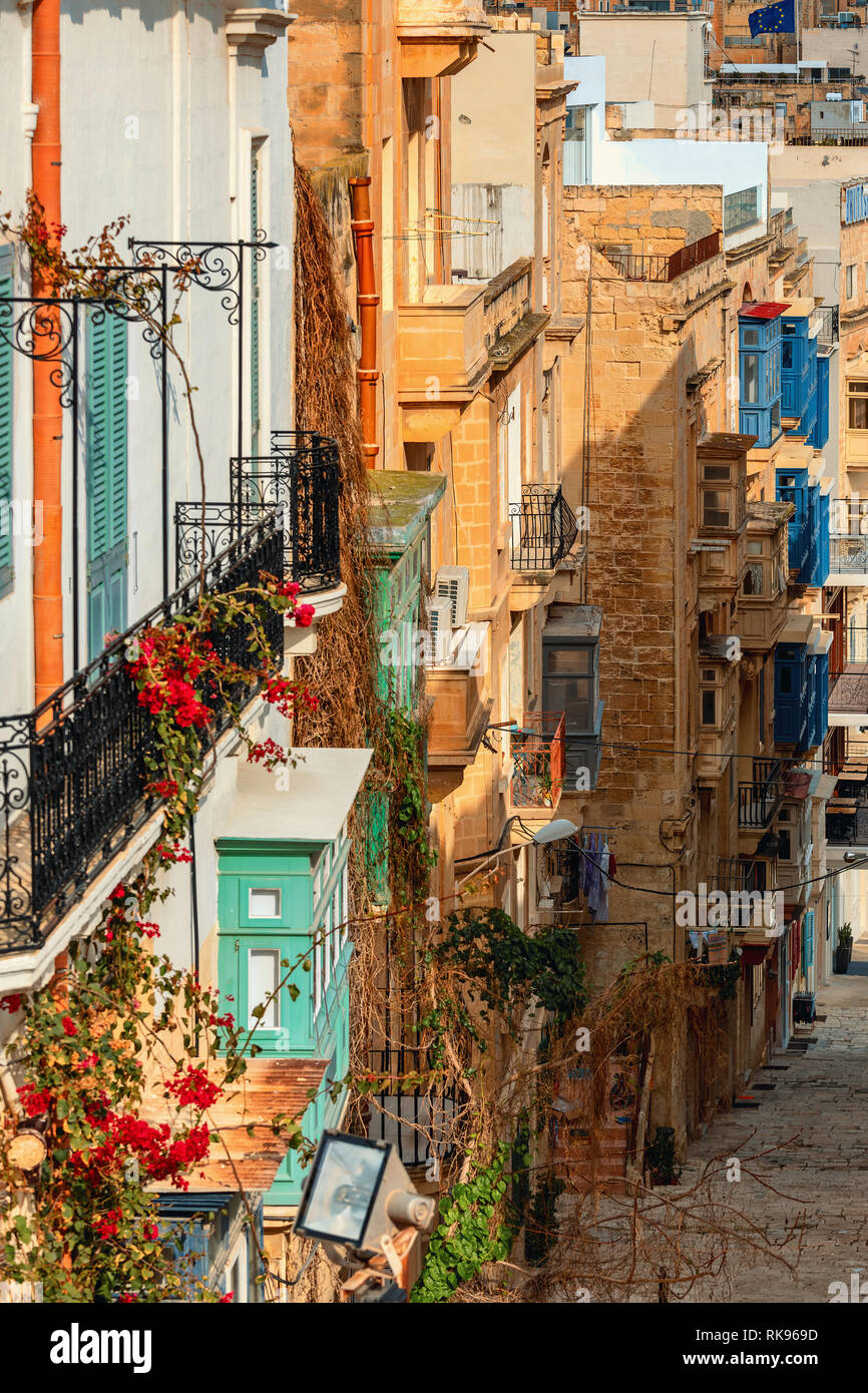 Vertical oriented image of typical stone buildings with colorful ...