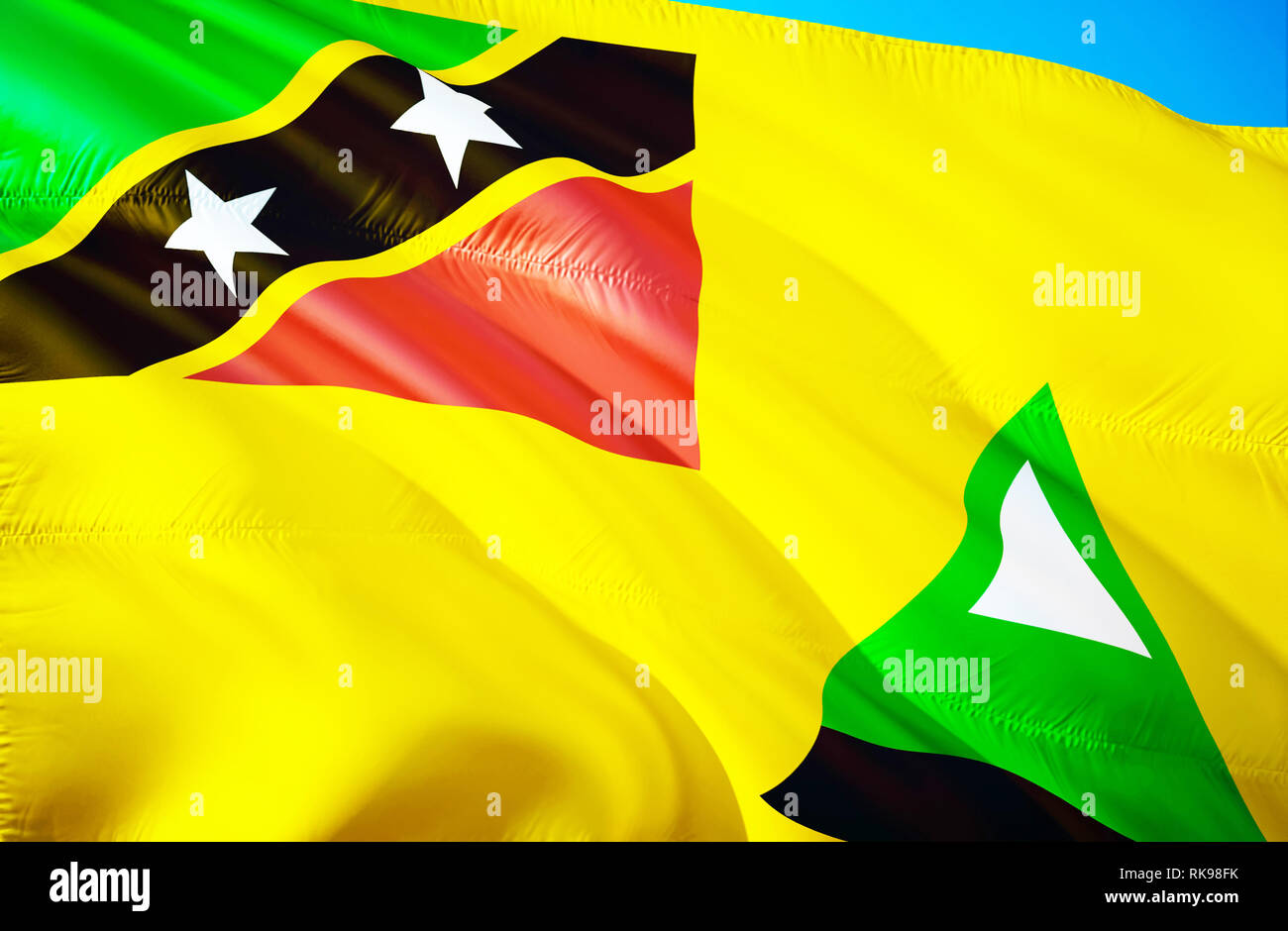 Nevis island flag. 3D Waving Caribbean flag design. The national symbol ...