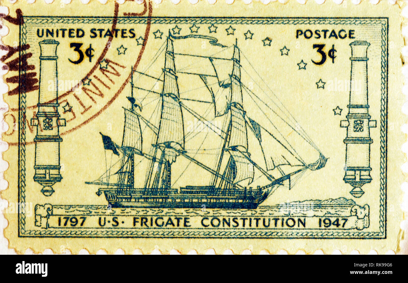 1797 Frigate Constitution on american postage stamp Stock Photo - Alamy