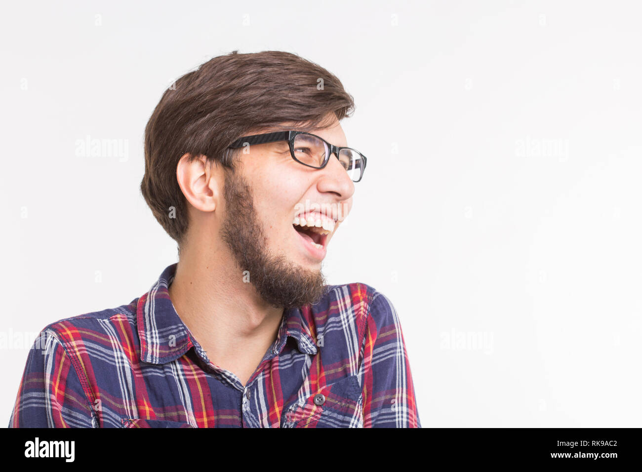 Expression, emotions and people concept - bearded laughing handsome man ...