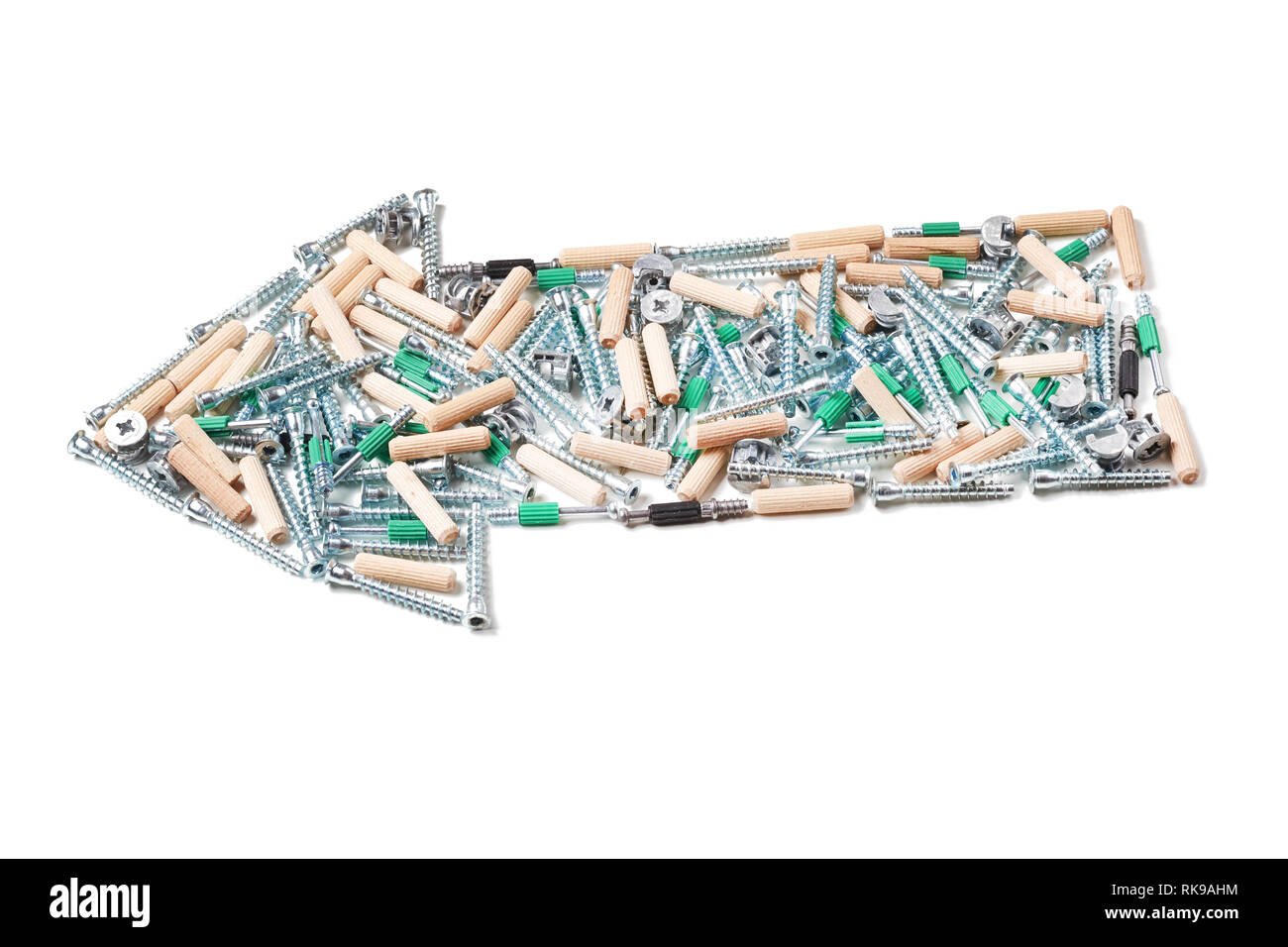 Furniture assembly tools in shape of arrow on white background isolated ...