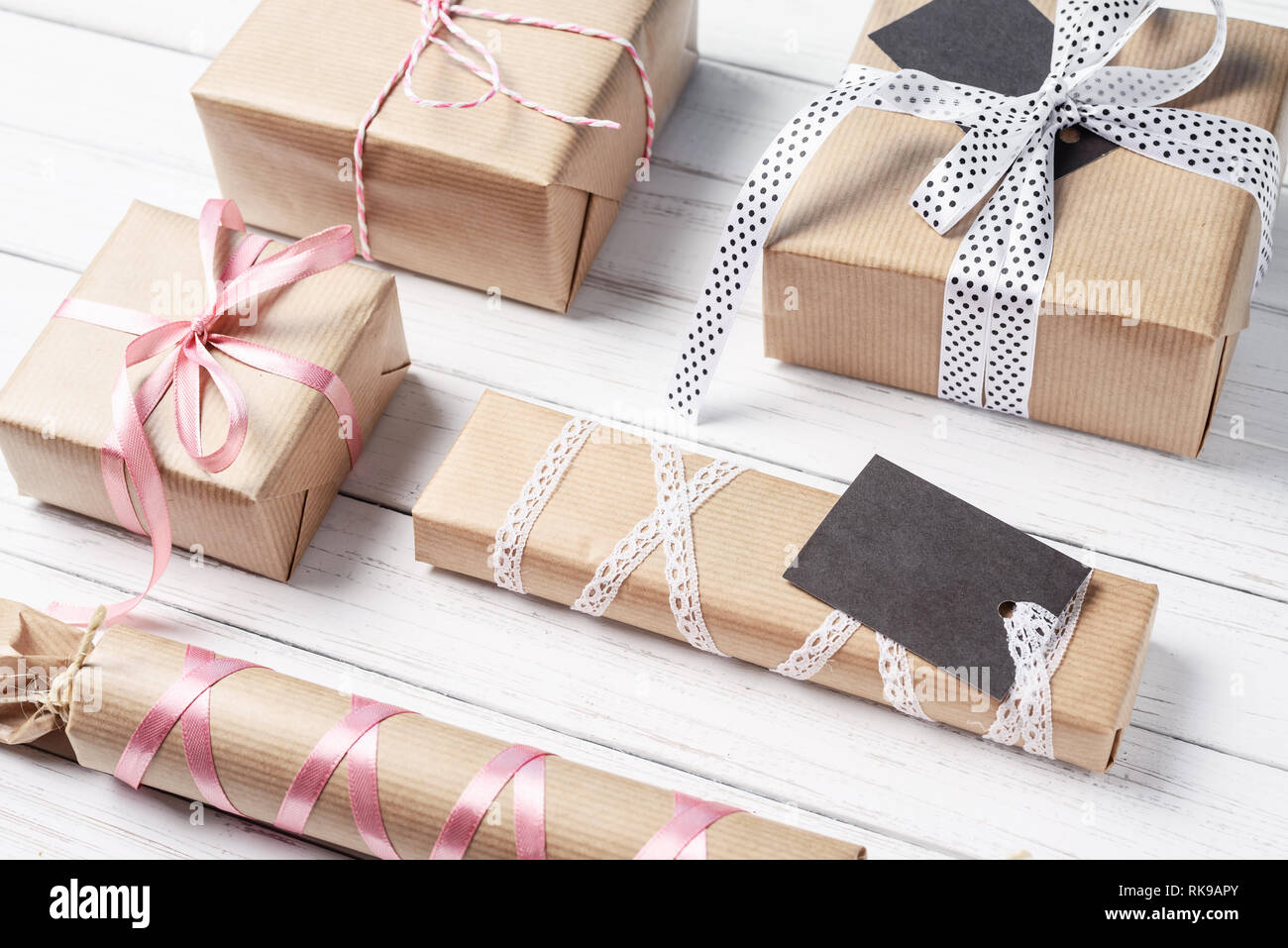 A lot of gift boxes with ribbon on white background, copy space Stock ...