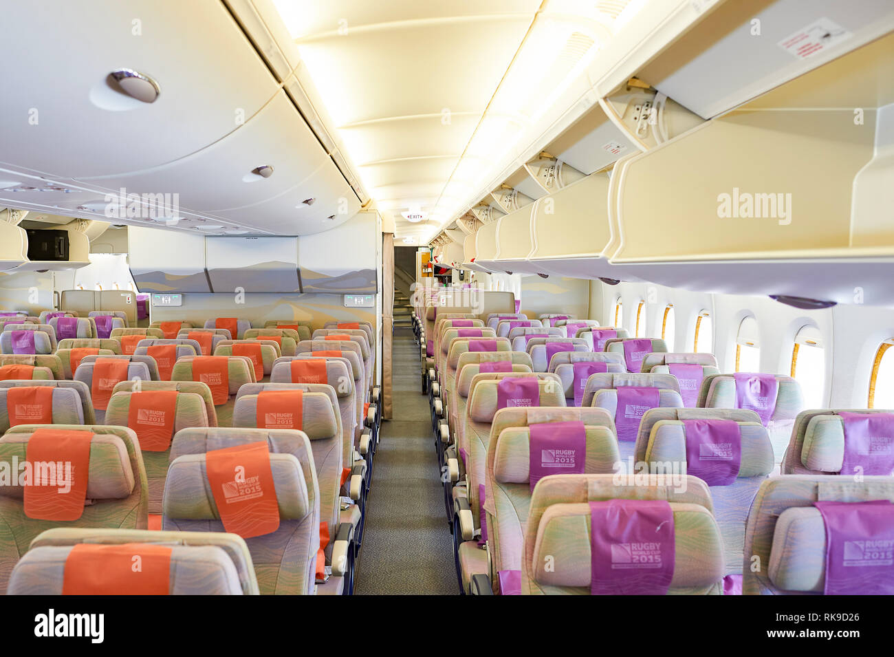 BANGKOK, THAILAND - SEPTEMBER 09, 2015: inside of Emirates Airbus A380 ...