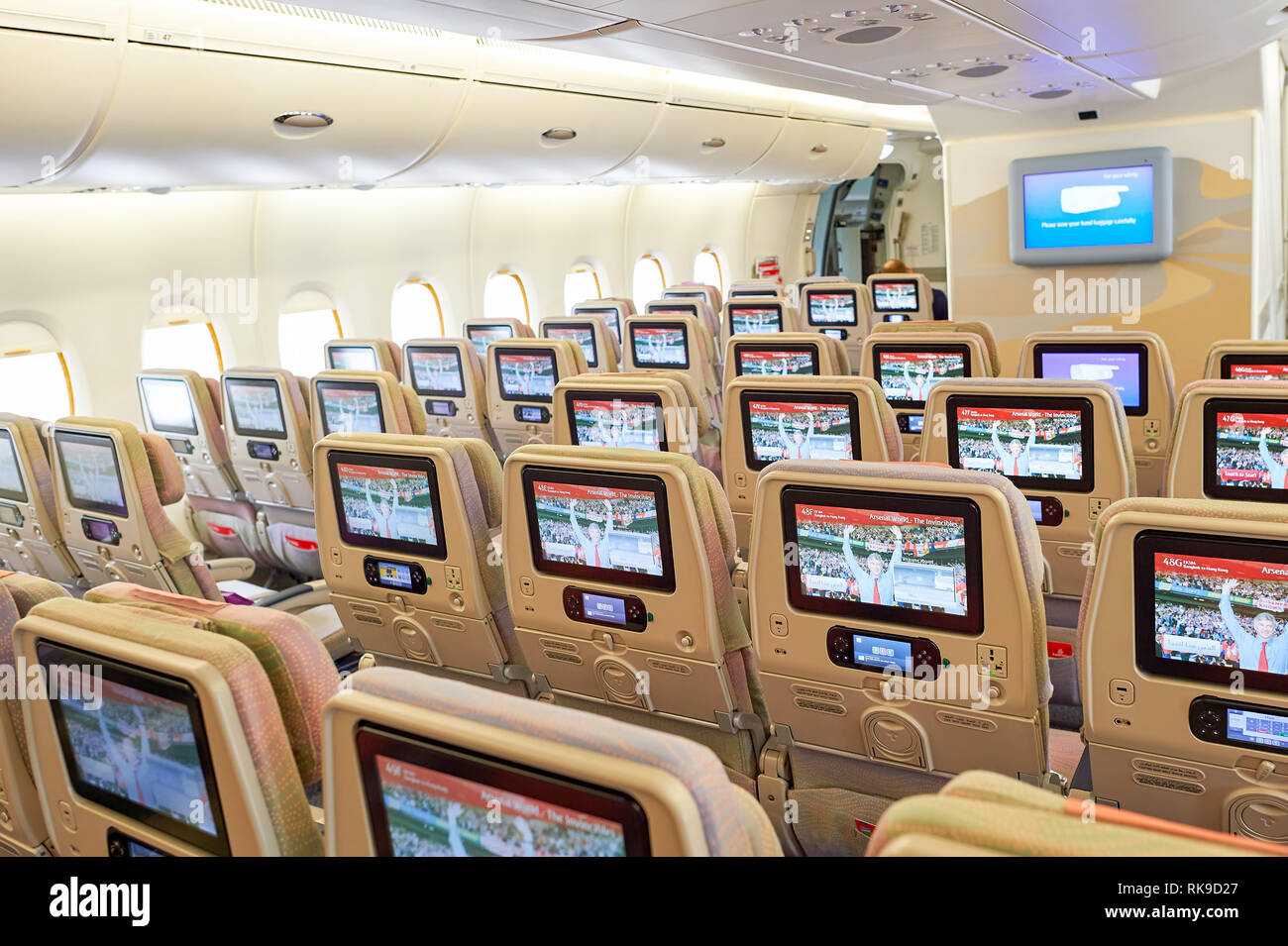 BANGKOK, THAILAND - SEPTEMBER 09, 2015: inside of Emirates Airbus A380 ...