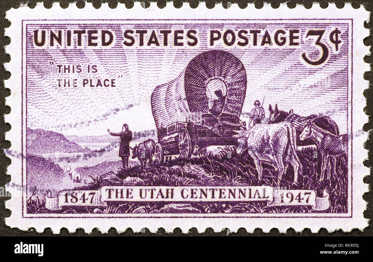Pioneers in Utah on old US postage stamp Stock Photo - Alamy