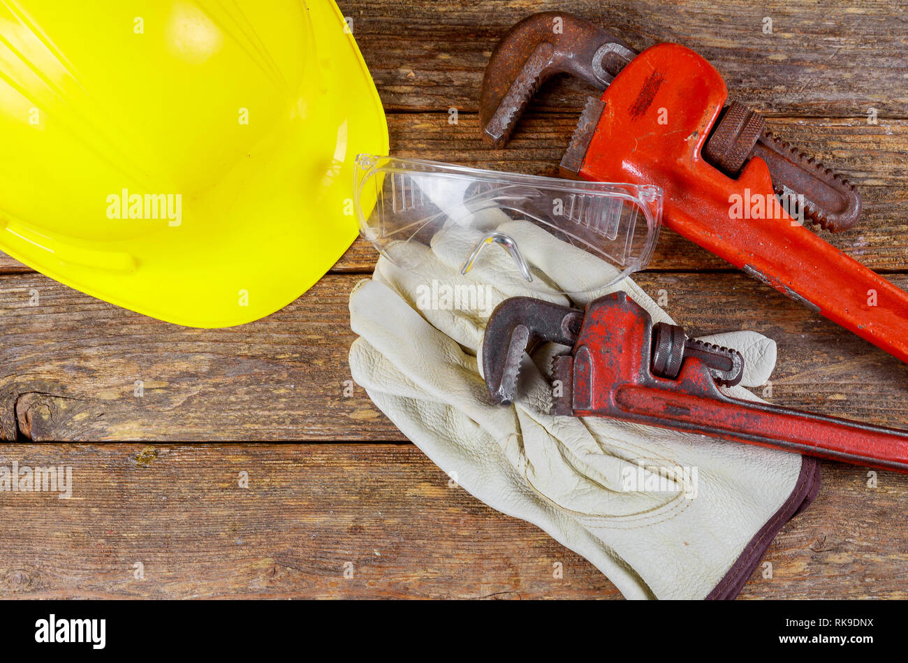Construction safety equipment helmet and set of tools Stock Photo - Alamy