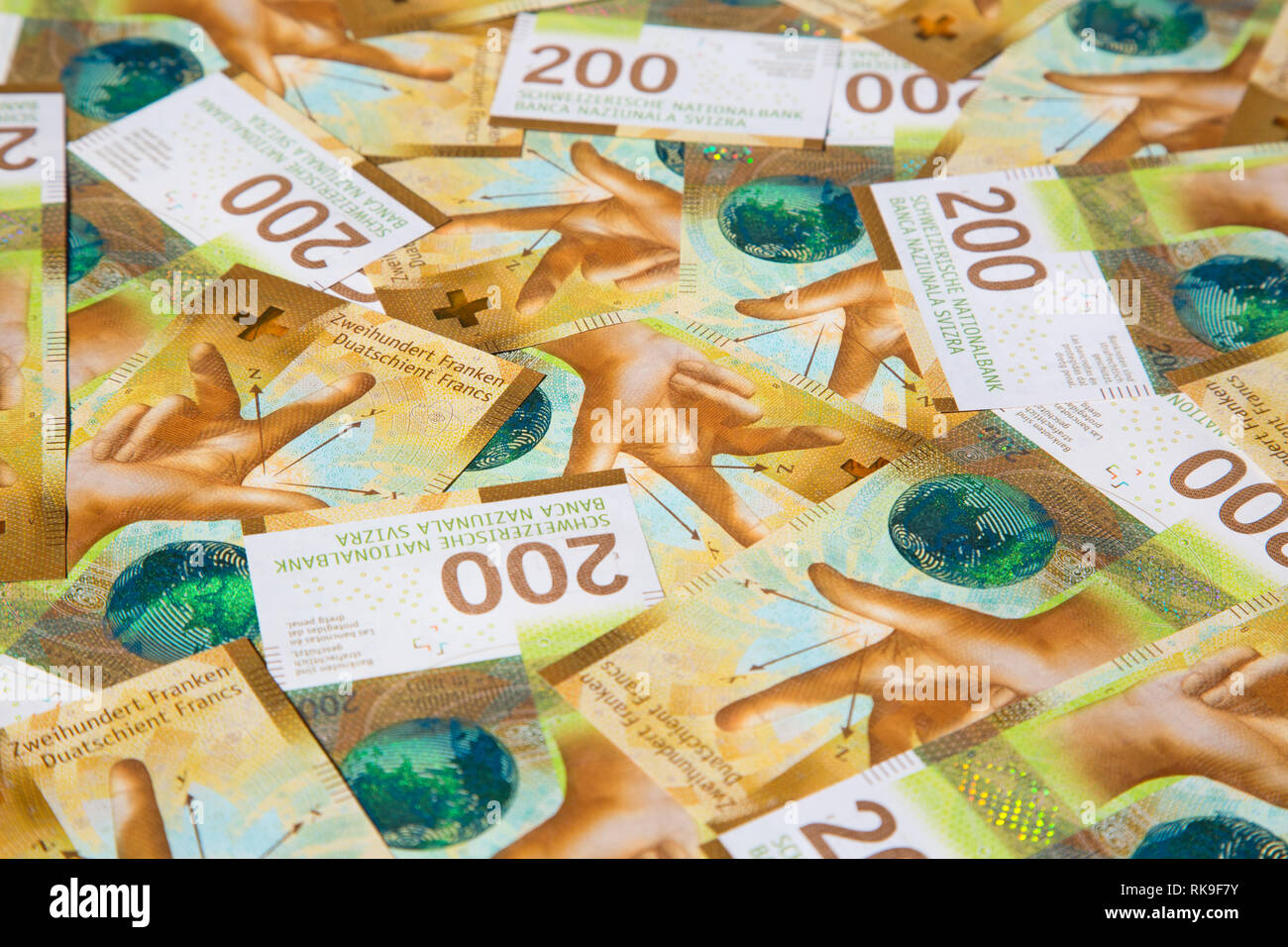 Collection of the barnd new swiss 200 franks banknotes (issued in 2018 ...