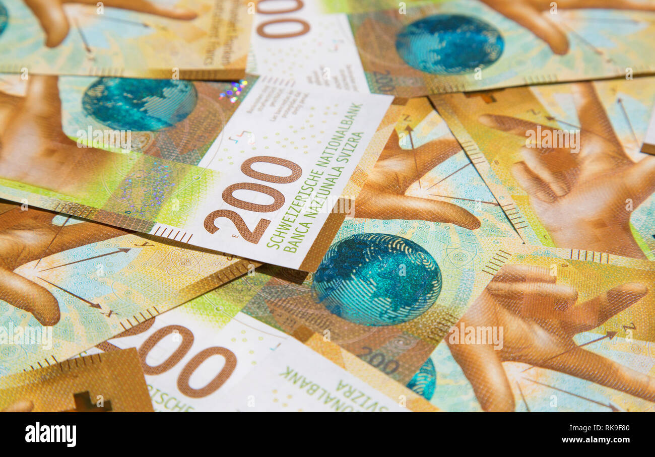 Collection of the barnd new swiss 200 franks banknotes (issued in 2018 ...