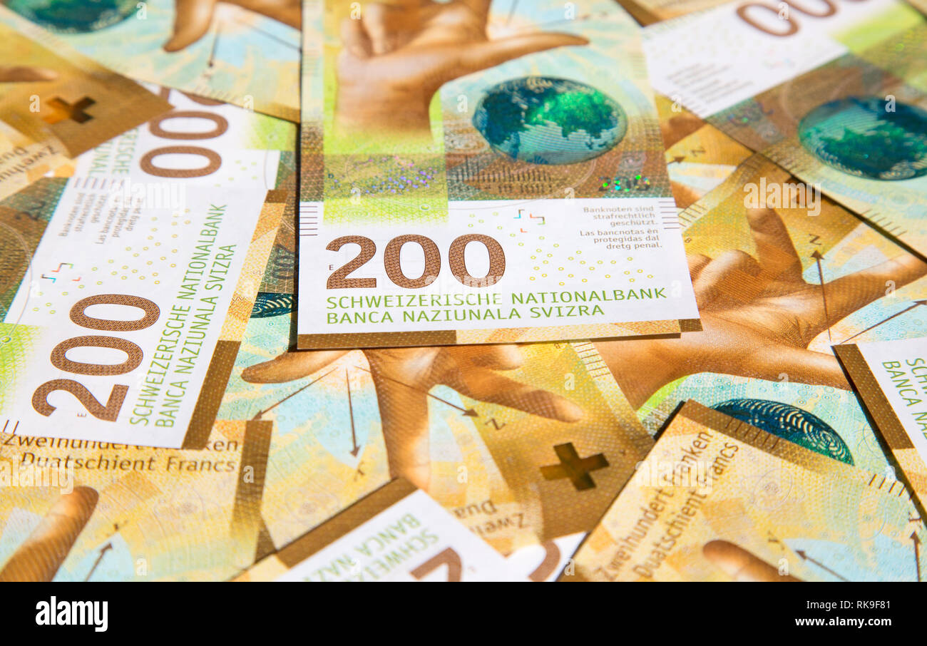 Collection of the barnd new swiss 200 franks banknotes (issued in 2018 ...