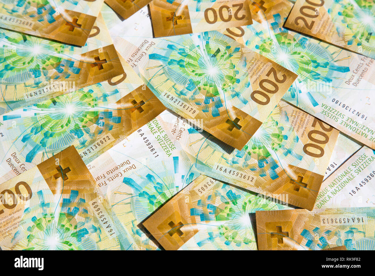 Collection of the barnd new swiss 200 franks banknotes (issued in 2018 ...