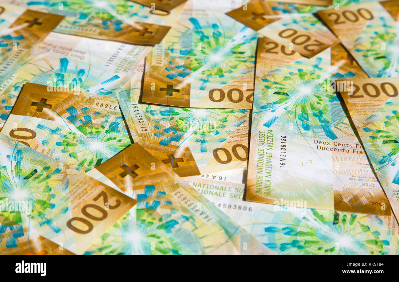 Collection of the barnd new swiss 200 franks banknotes (issued in 2018 ...