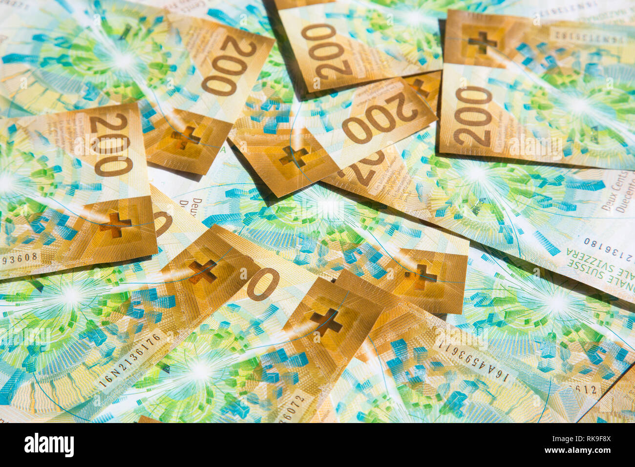 Collection of the barnd new swiss 200 franks banknotes (issued in 2018 ...