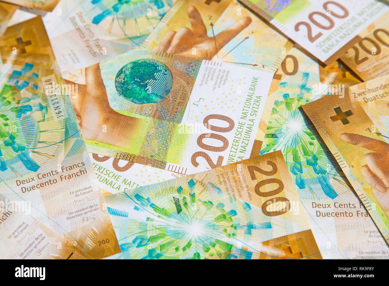 Collection of the barnd new swiss 200 franks banknotes (issued in 2018 ...
