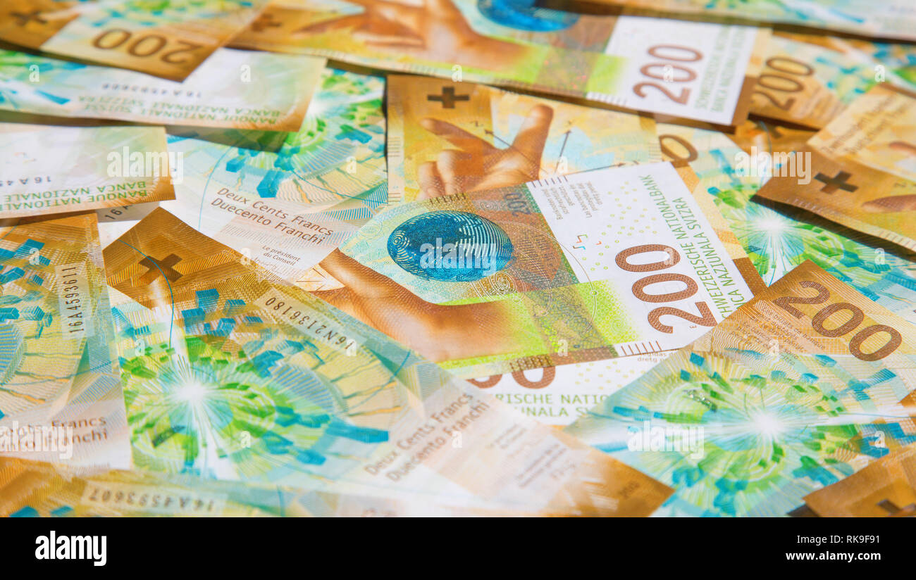 Collection of the barnd new swiss 200 franks banknotes (issued in 2018 ...