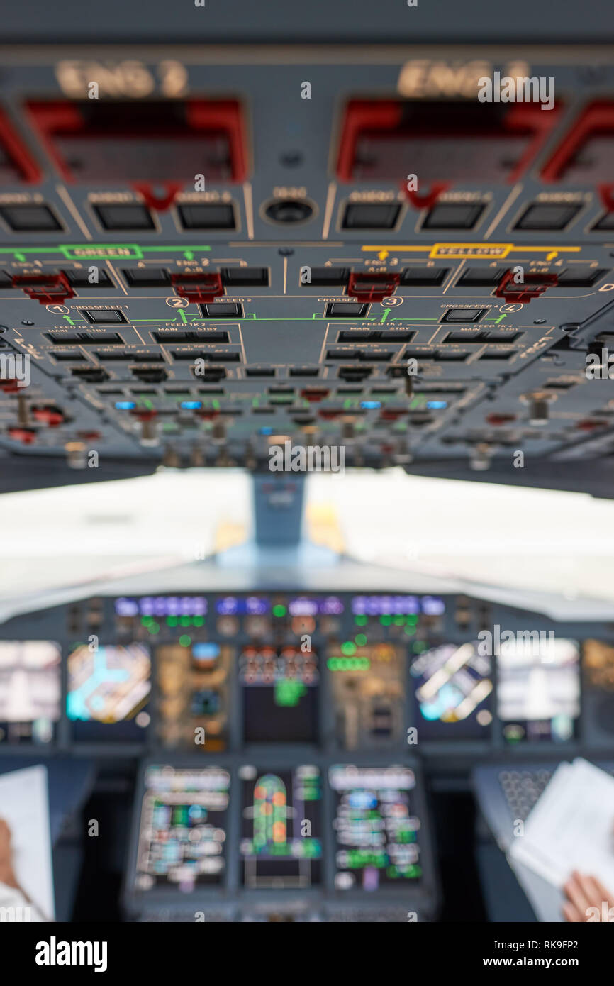 HONG KONG - MAY 12, 2016: cockpit of Emirates Airbus A380. Emirates is ...