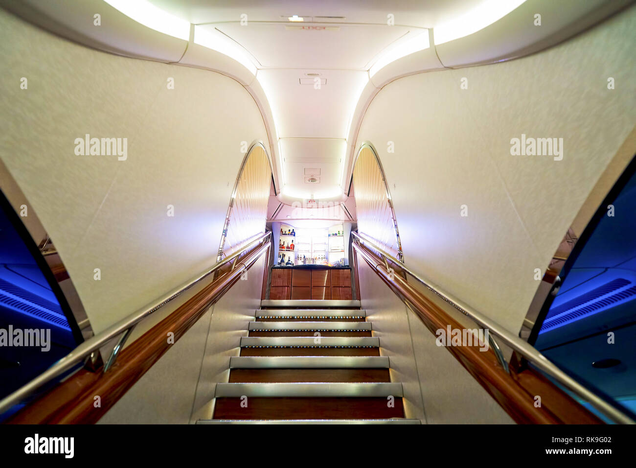 HONG KONG - MARCH 08, 2016: inside of Emirates Airbus A380. The Airbus ...