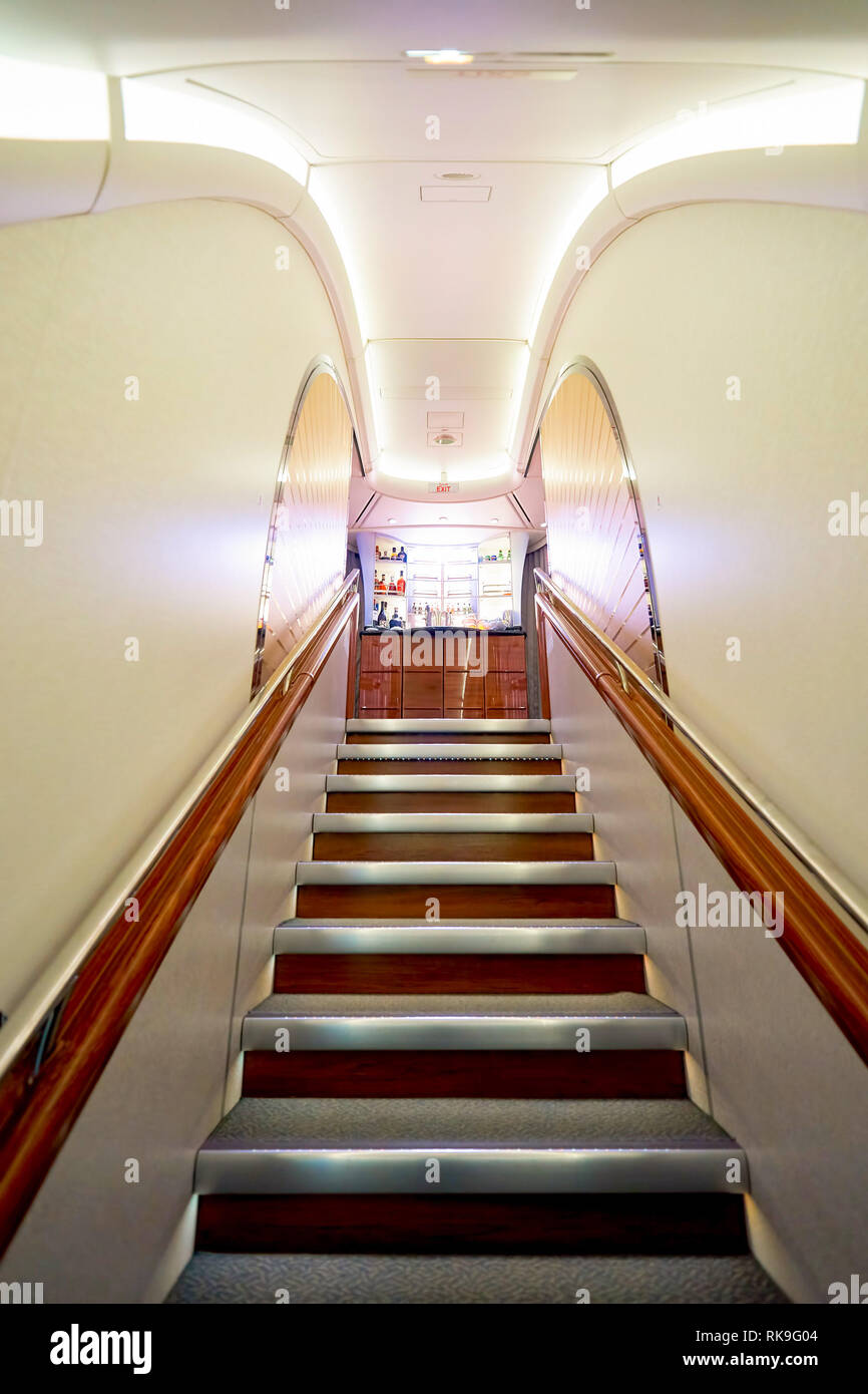 HONG KONG - MARCH 08, 2016: inside of Emirates Airbus A380. The Airbus ...