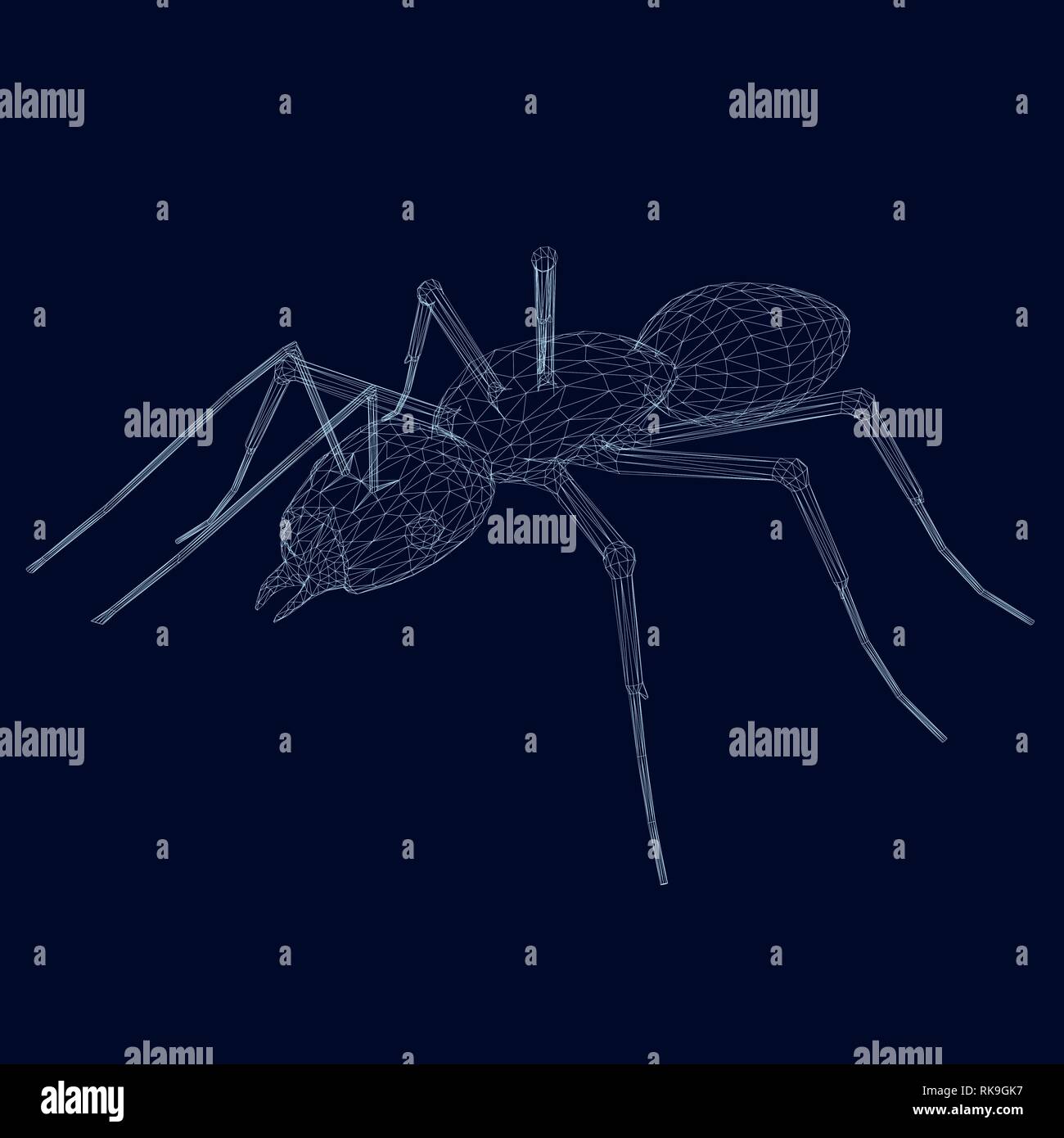 Ant wireframe. Ant of blue lines on a dark blue background. Isometry ...