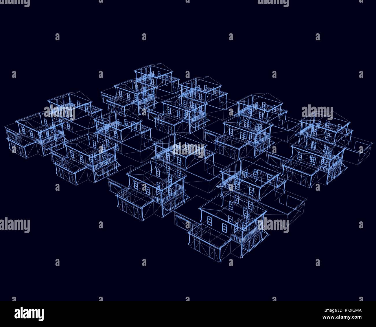 Models of residential buildings on a dark blue background. Wireframe ...
