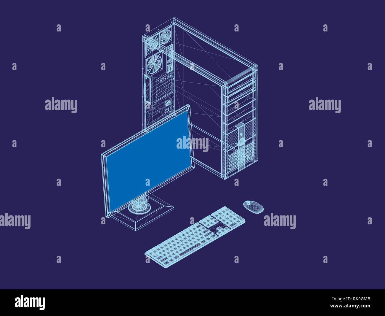Vector Illustration Of Computer Wireframe Isometric System Unit Monitor Keyboard And Mouse