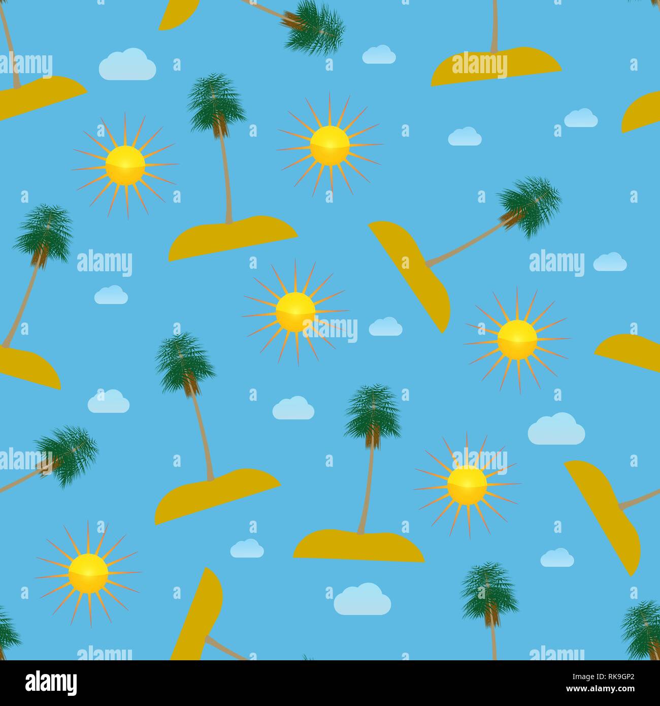 Seamless texture with islands, palms, sun and clouds. Summer tourist ...