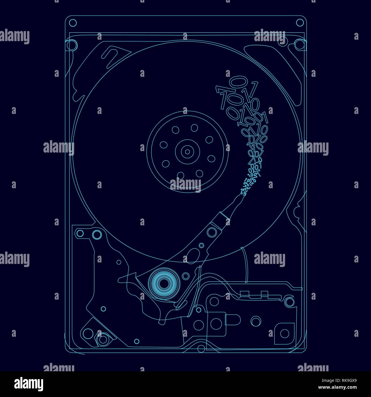Hard disk cage and recording information on it. The insides of the hard ...