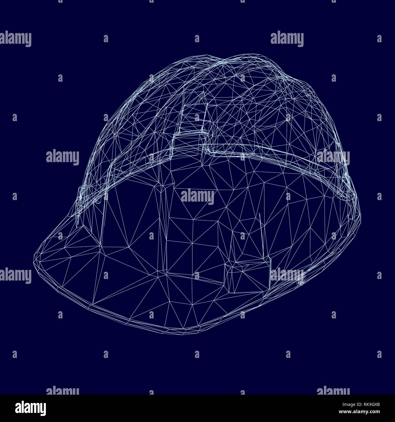 Polygonal wireframe of the protective helmet on a dark blue background ...