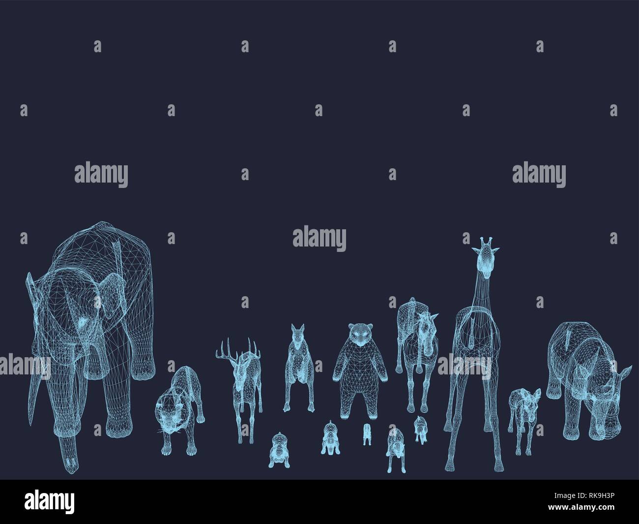 Set with a variety of mammals. Isometric. Animal wireframe on a dark ...