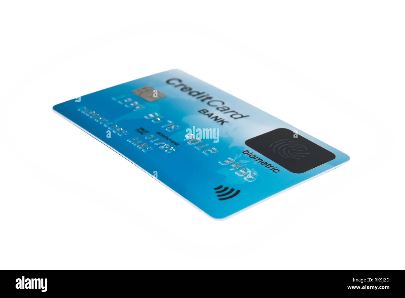 Front view of blue credit card with biometric sensor on white ...