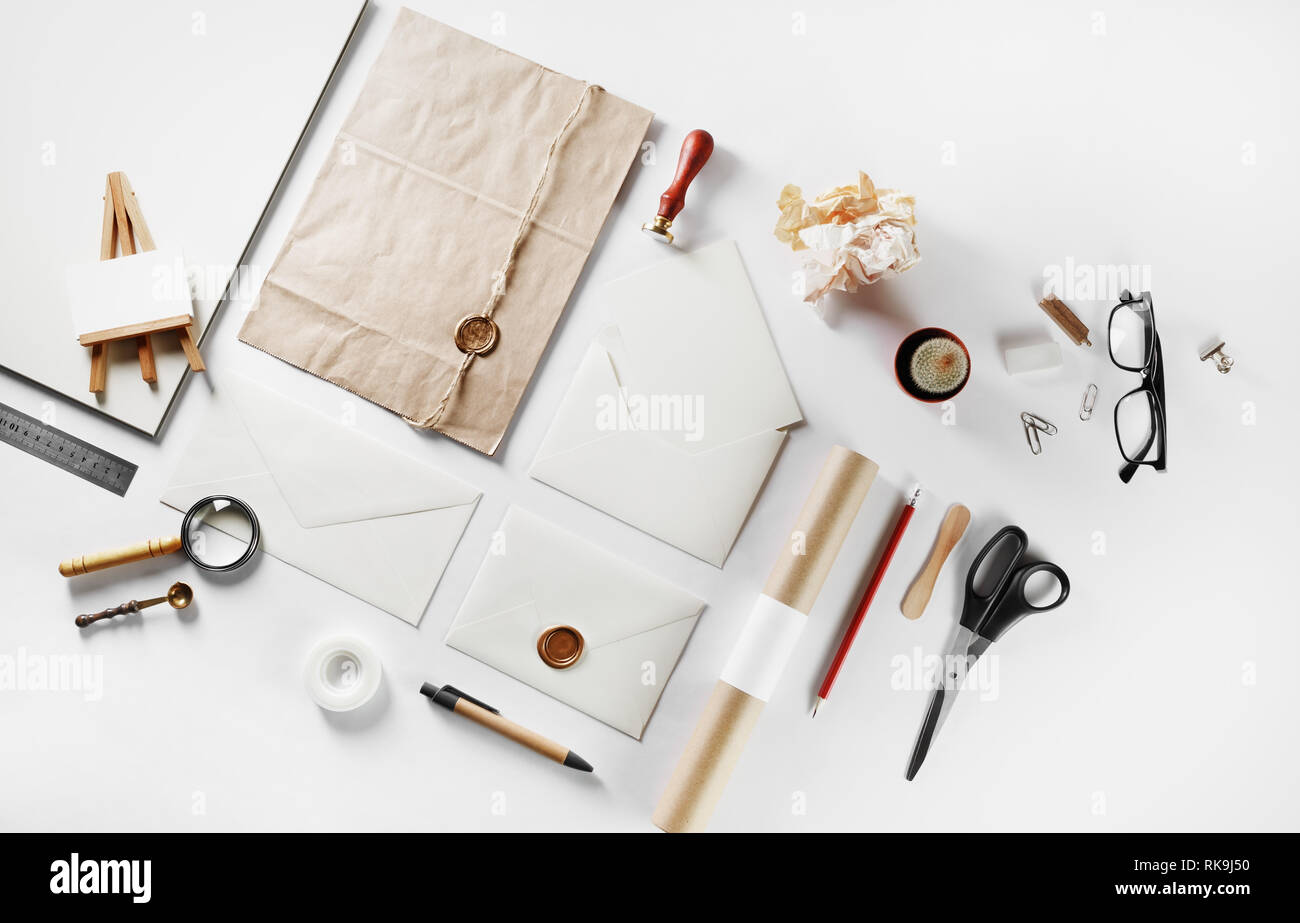Blank retro stationery set on paper background. Flat lay Stock Photo ...
